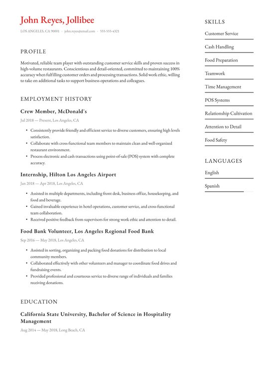 Jollibee Resume Examples Templates Resume For Working Student In Jollibee