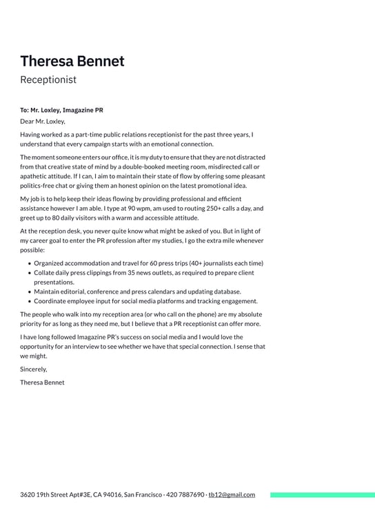 Cover Letter For Receptionist In A School