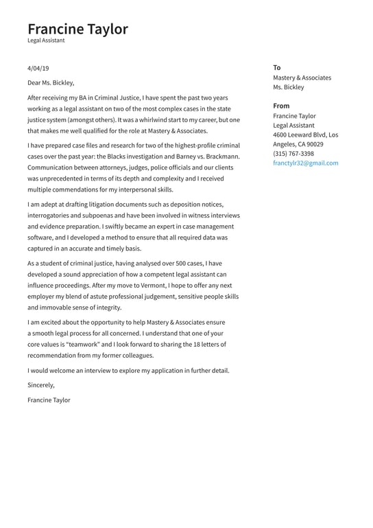 Legal Assistant Cover Letter Example Writing Guide Resume io