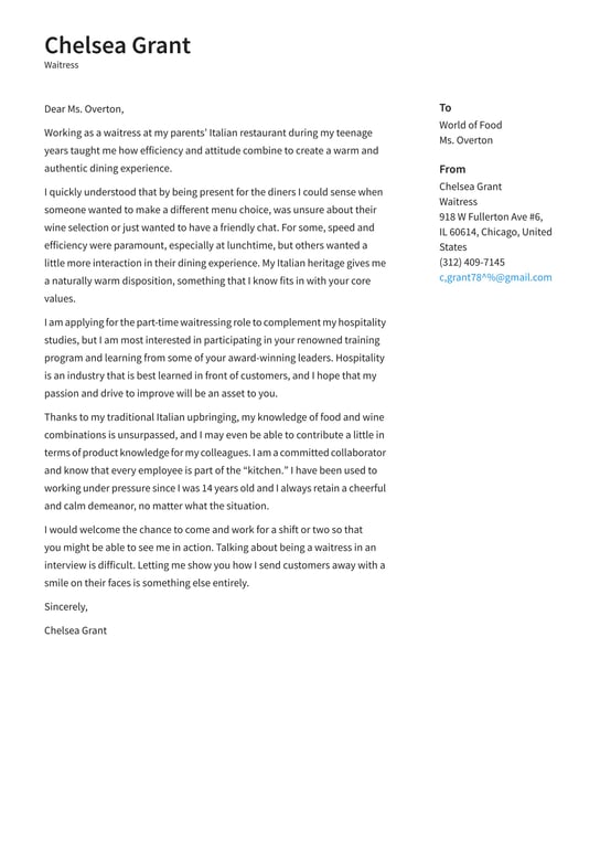 Cover Letter To A Waitress