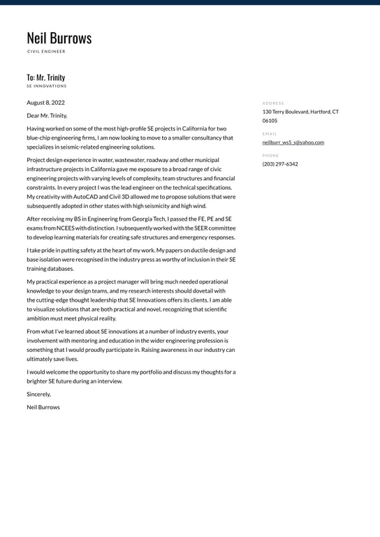 Cover Letter Of Civil Engineering