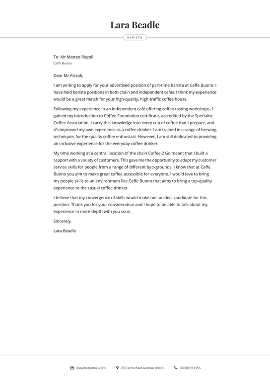 Cover Letter For Beginner Barista