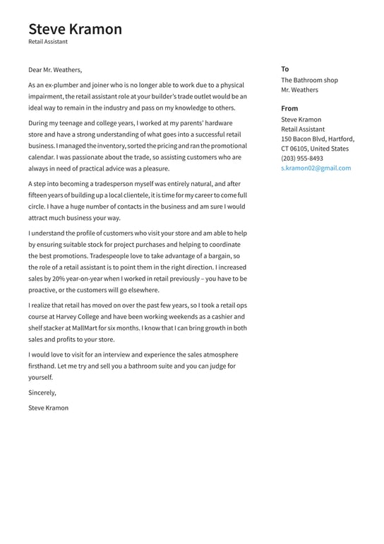 Retail Assistant Cover Letter Example Writing Guide Resume io
