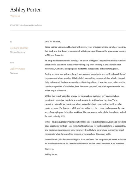 Waiter Job Cover Letter Exle Infoupdate Waiter Job Cover Letter Exle Infoupdate