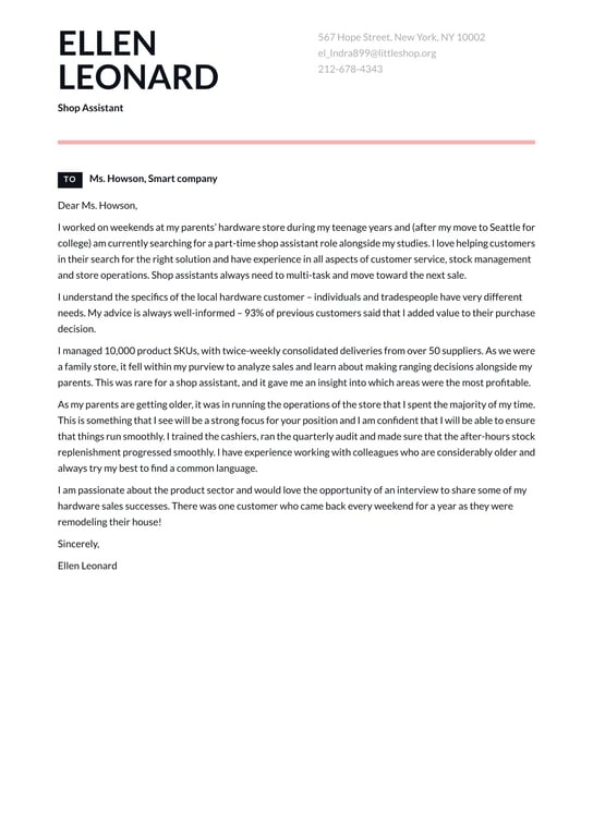 Shop Assistant Cover Letter Example Writing Guide Resume io