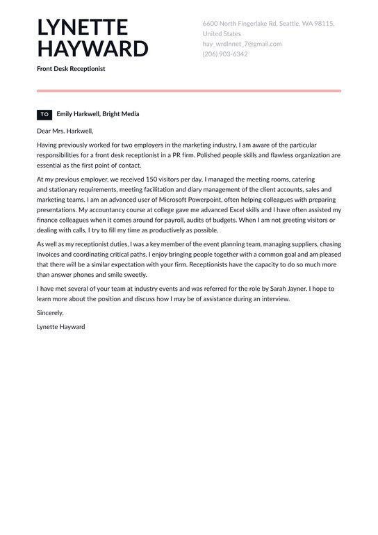 Front Desk Receptionist Cover Letter Examples Expert Tips