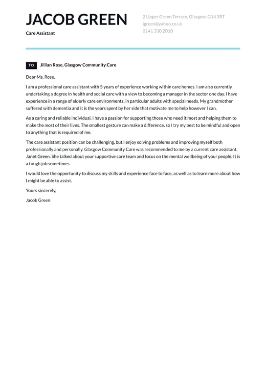 Care Assistant Cover Letter Examples Expert Tips Free Resume io