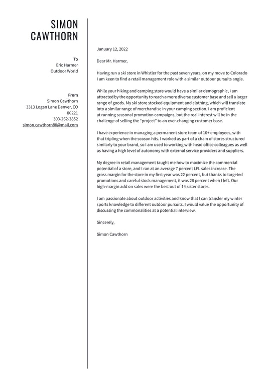 Retail Manager Cover Letter