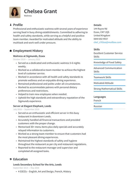 Waitress CV Examples Writing Tips 2023 Free Guide Resume io