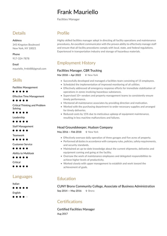 Facility Manager Resume