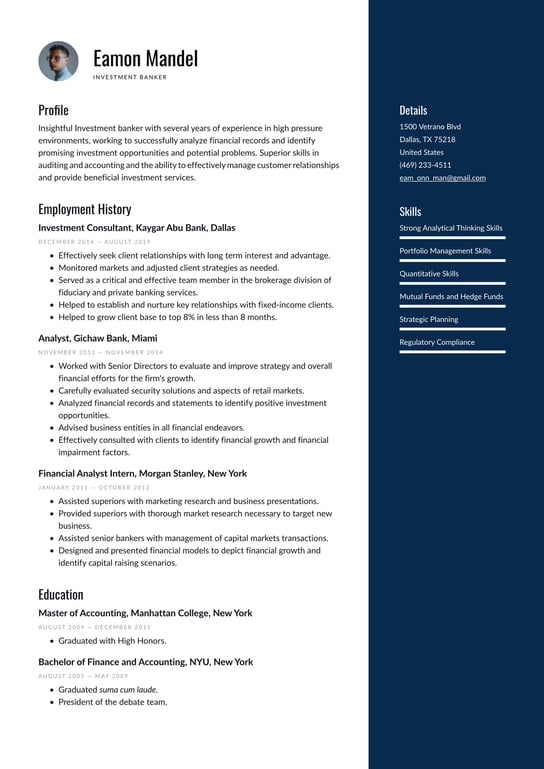 Resume Samples For Investment Banking