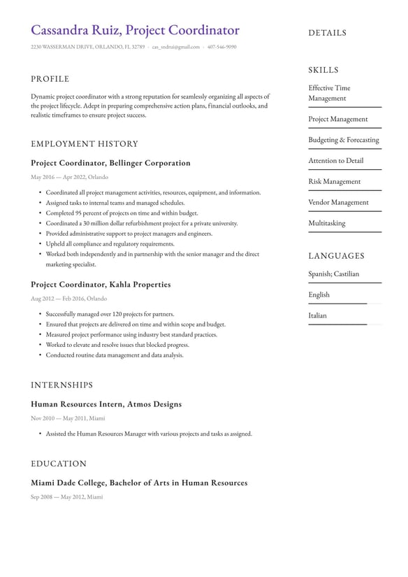 personal projects on resume example