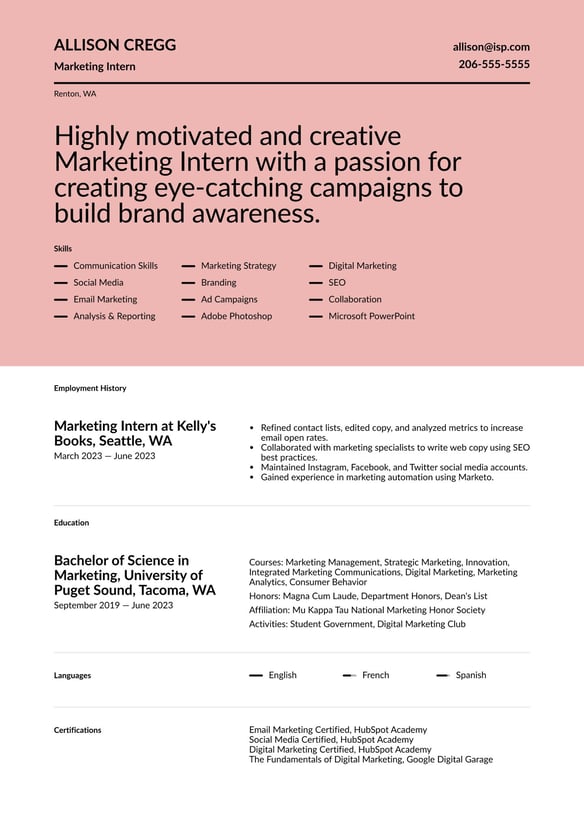 objective for internship resume examples