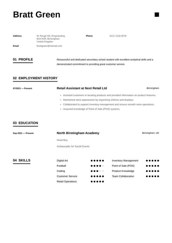 basic cv template for 15 year old