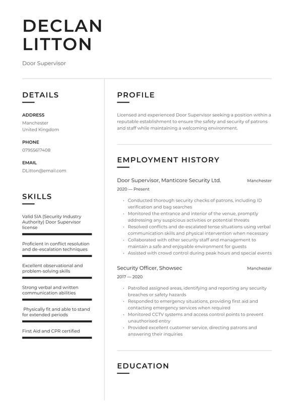 security guard cv example uk