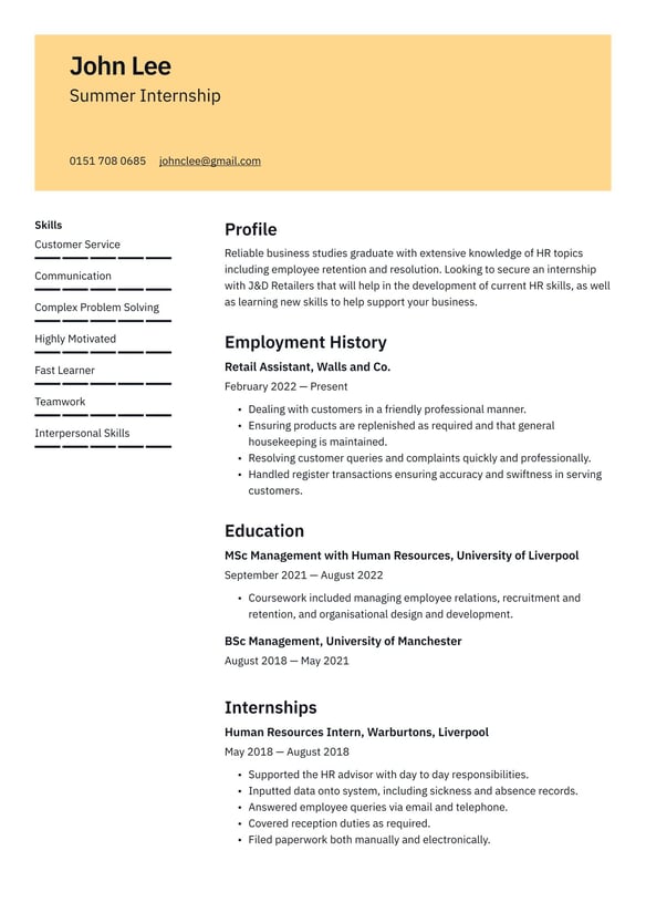 basic school leaver cv