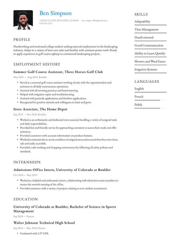 summer internship cv