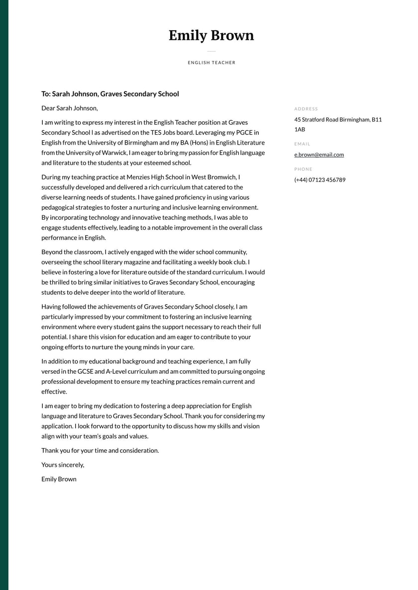 English Teacher Cover Letter Examples for UK Market 2025 Resume.io