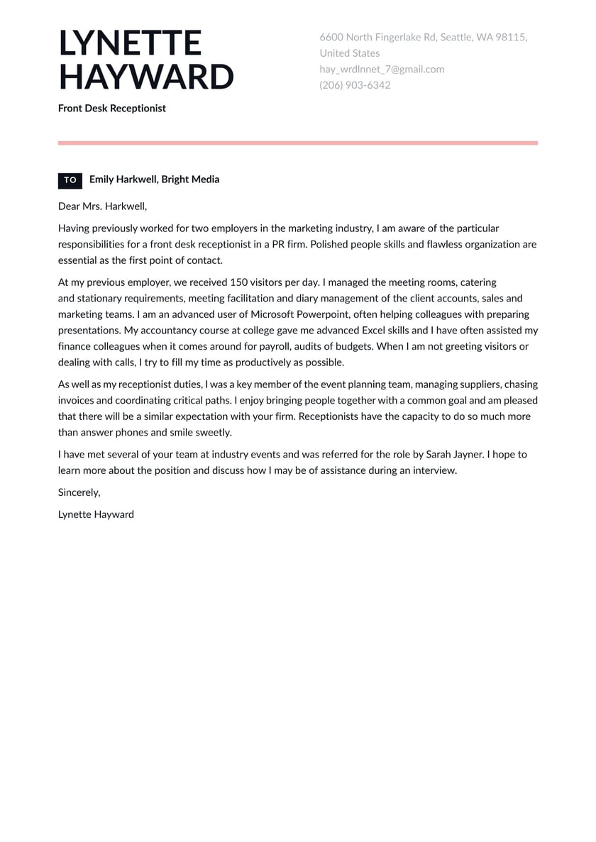 Cover Letter For Receptionist Position With No Experience Devops Sample