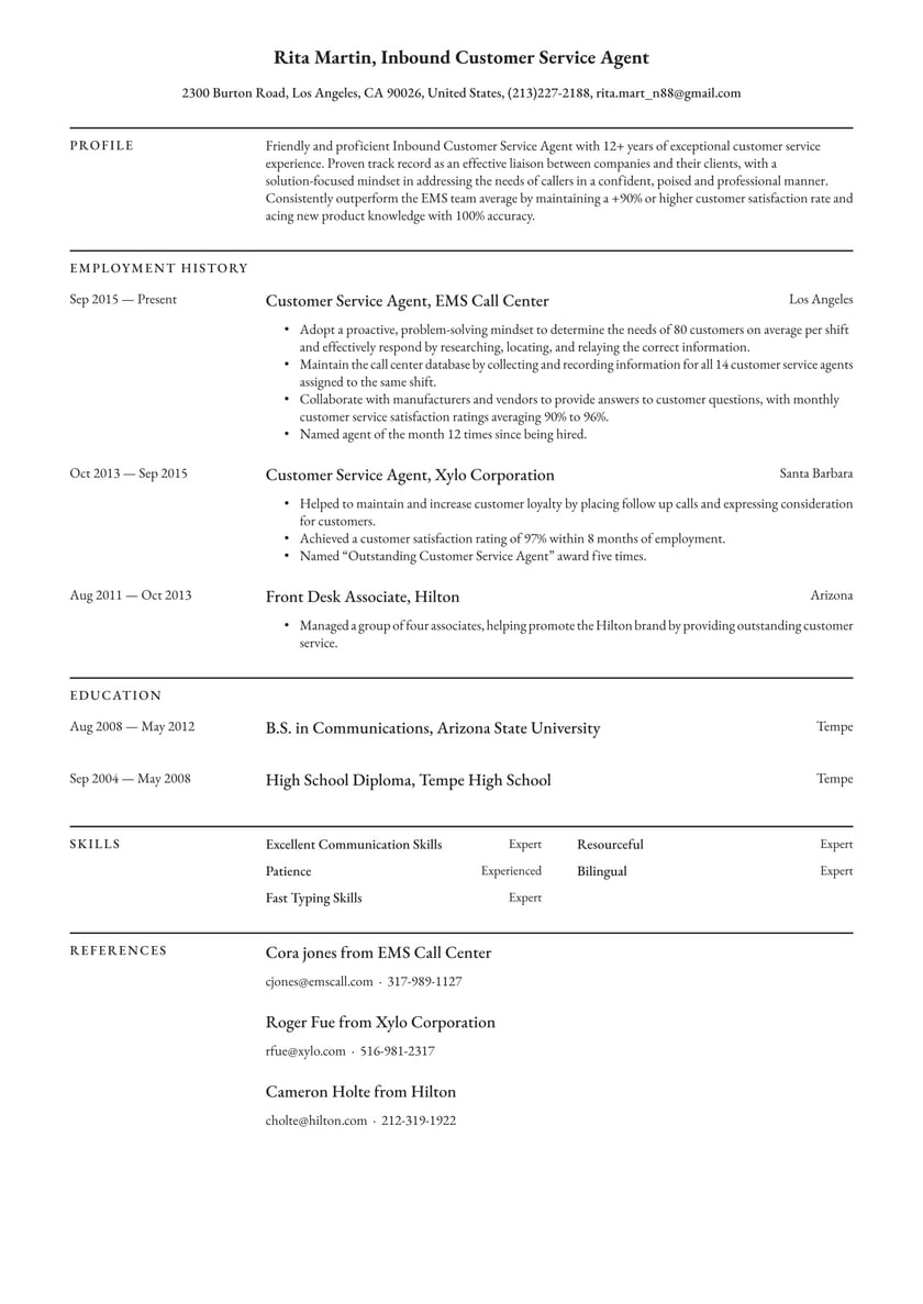 Resume Examples For Call Center Agents