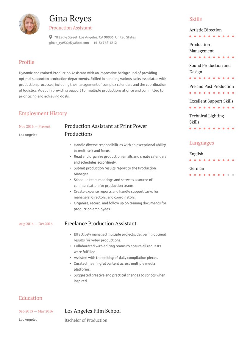 Resume For Production Assistant