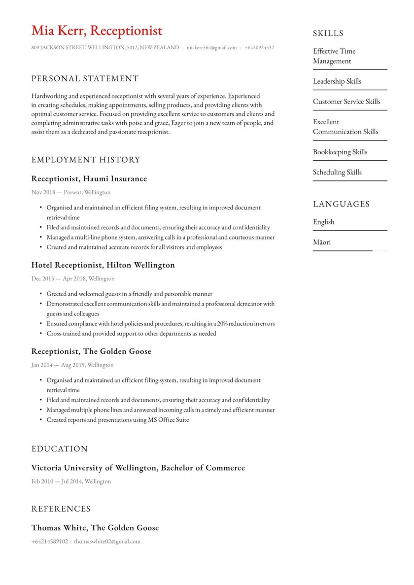 Resume For A Receptionist Receptionist Resume Examples For 2025