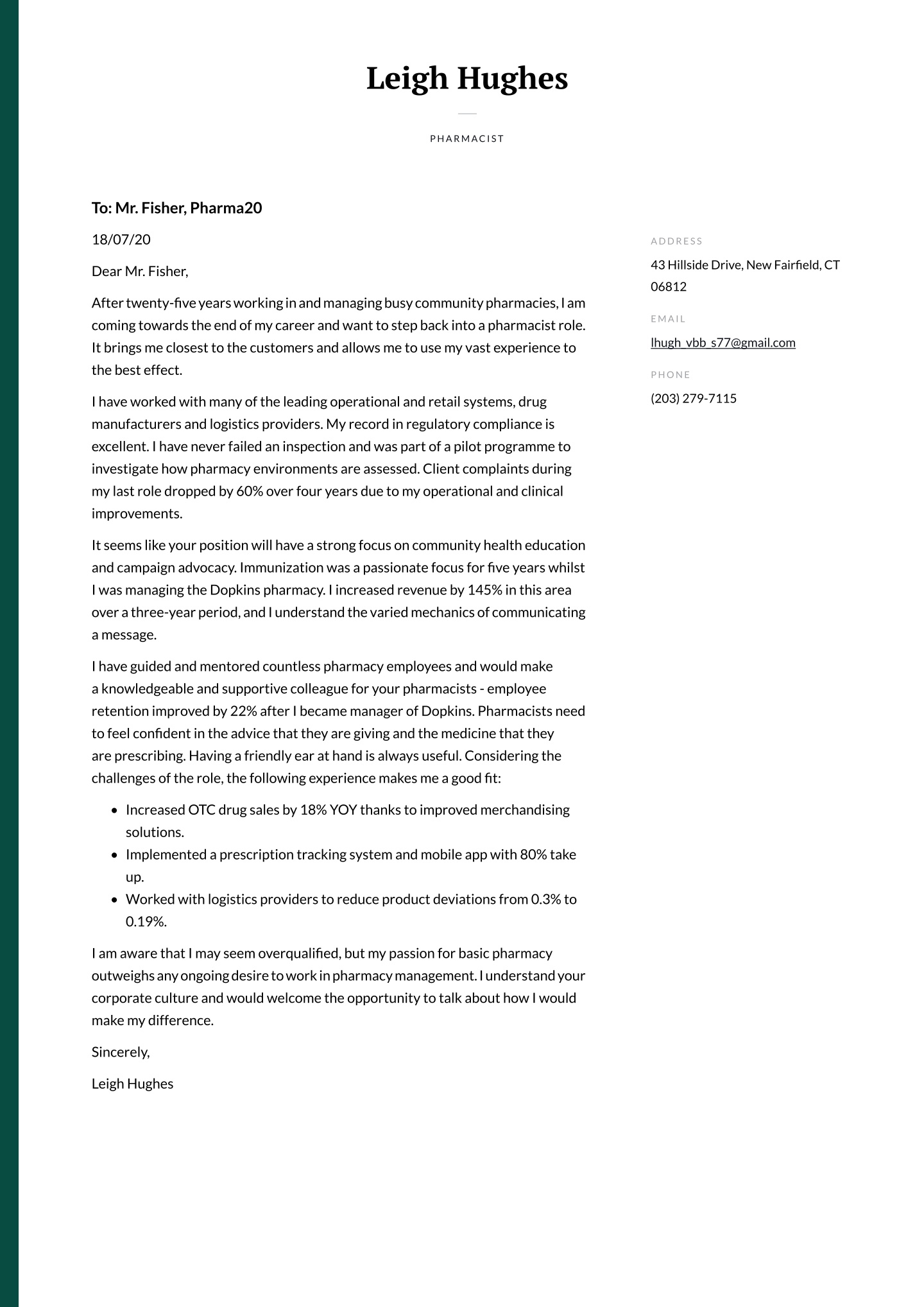 Sample Pharmacist Cover Letter