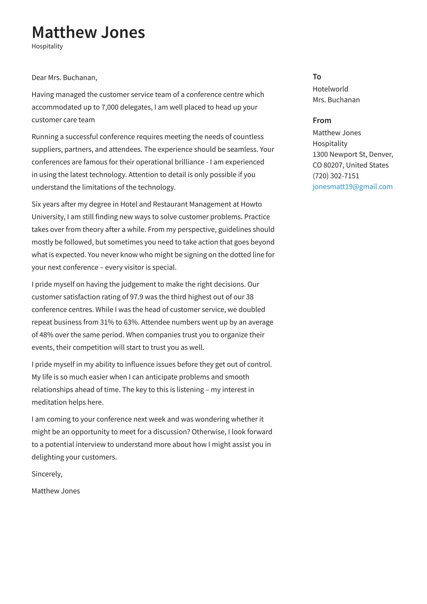 Cover Letter For Hotel Industry Hospitality Cover Letter Example