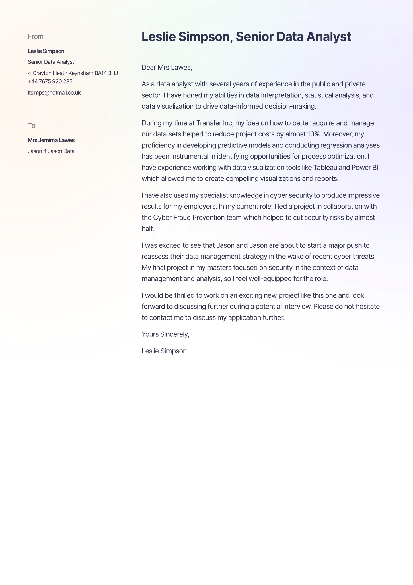 Data Analyst Cover Letter Examples