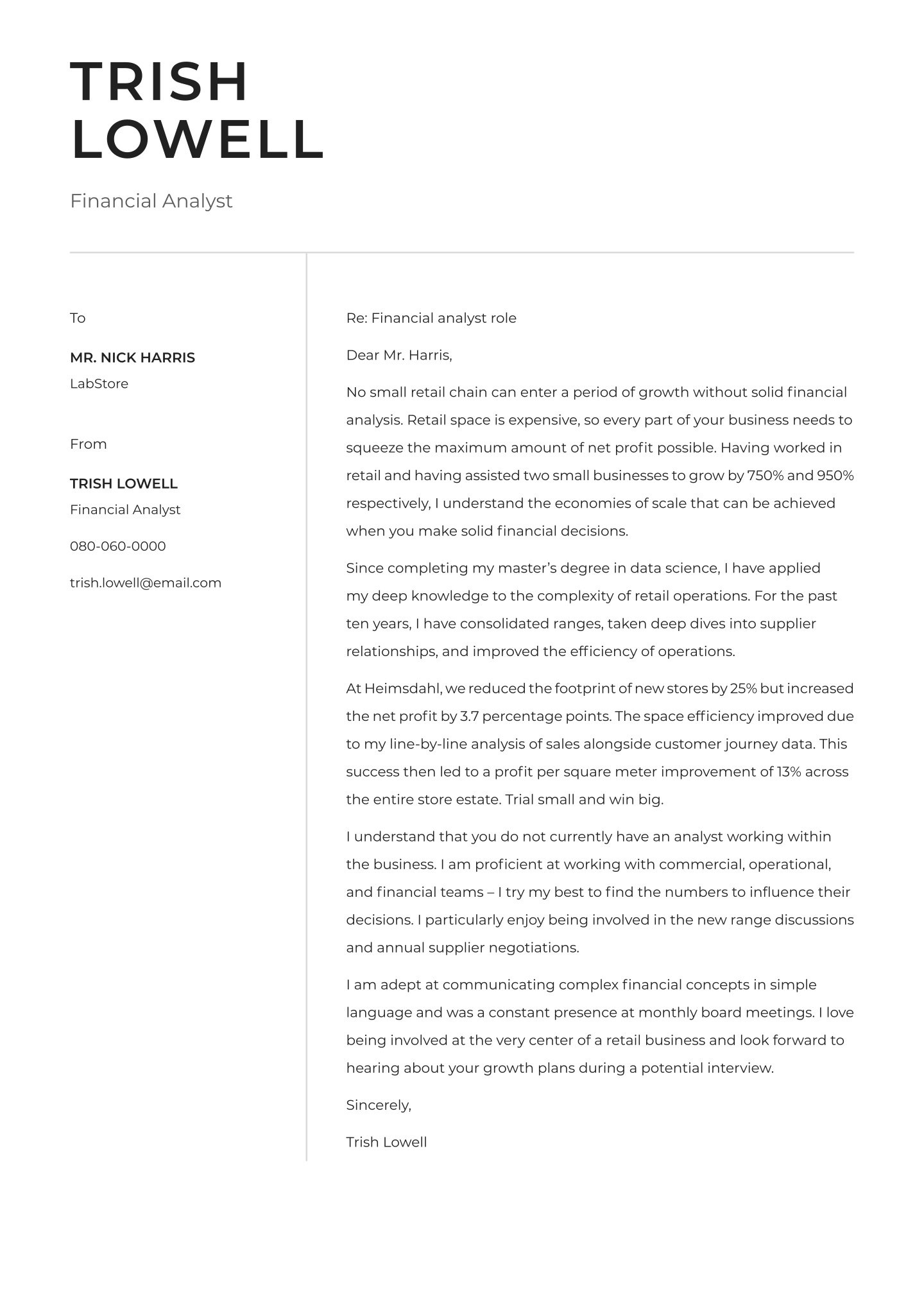 Financial Analyst Cover Letter