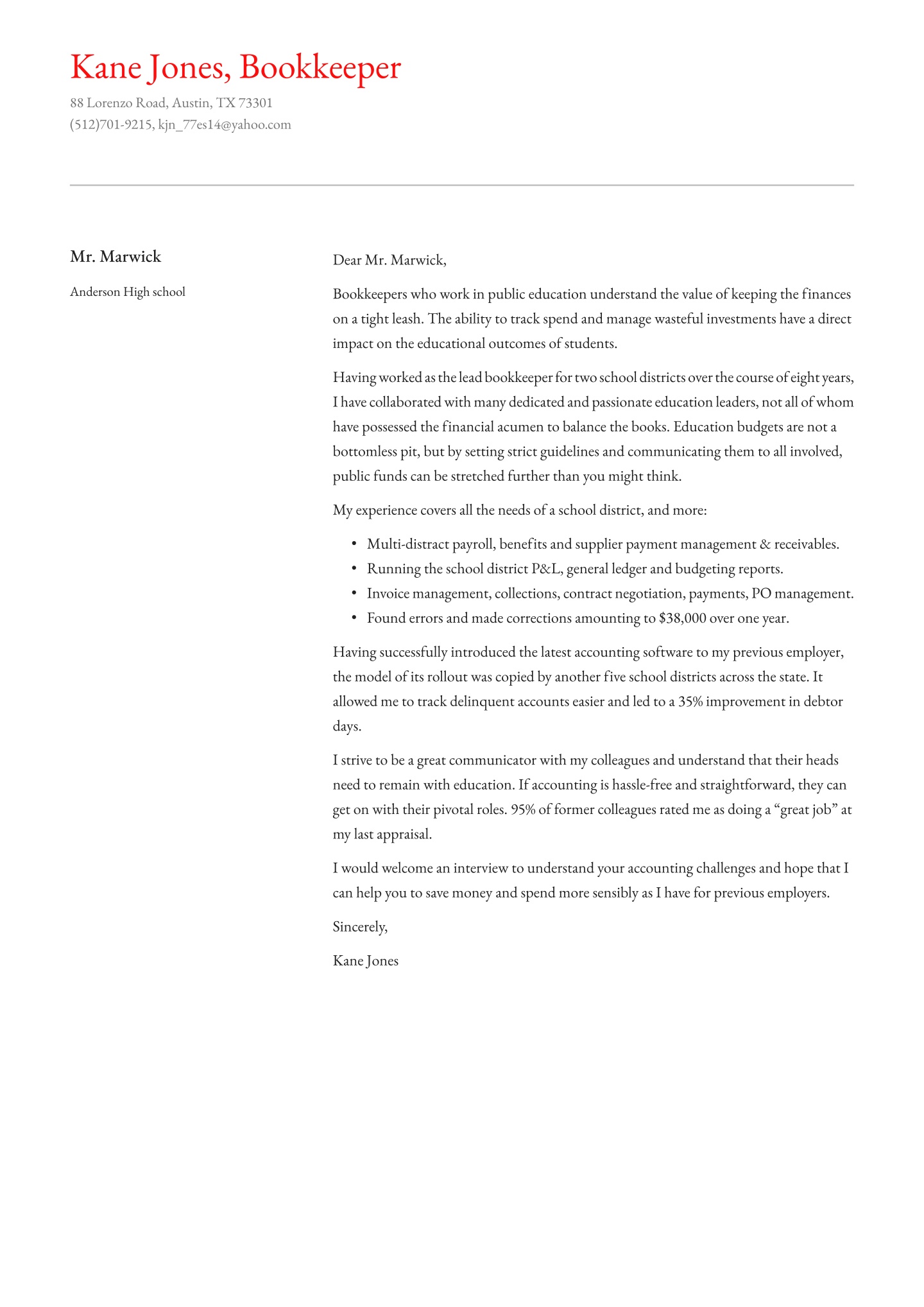 Bookkeeper Cover Letter