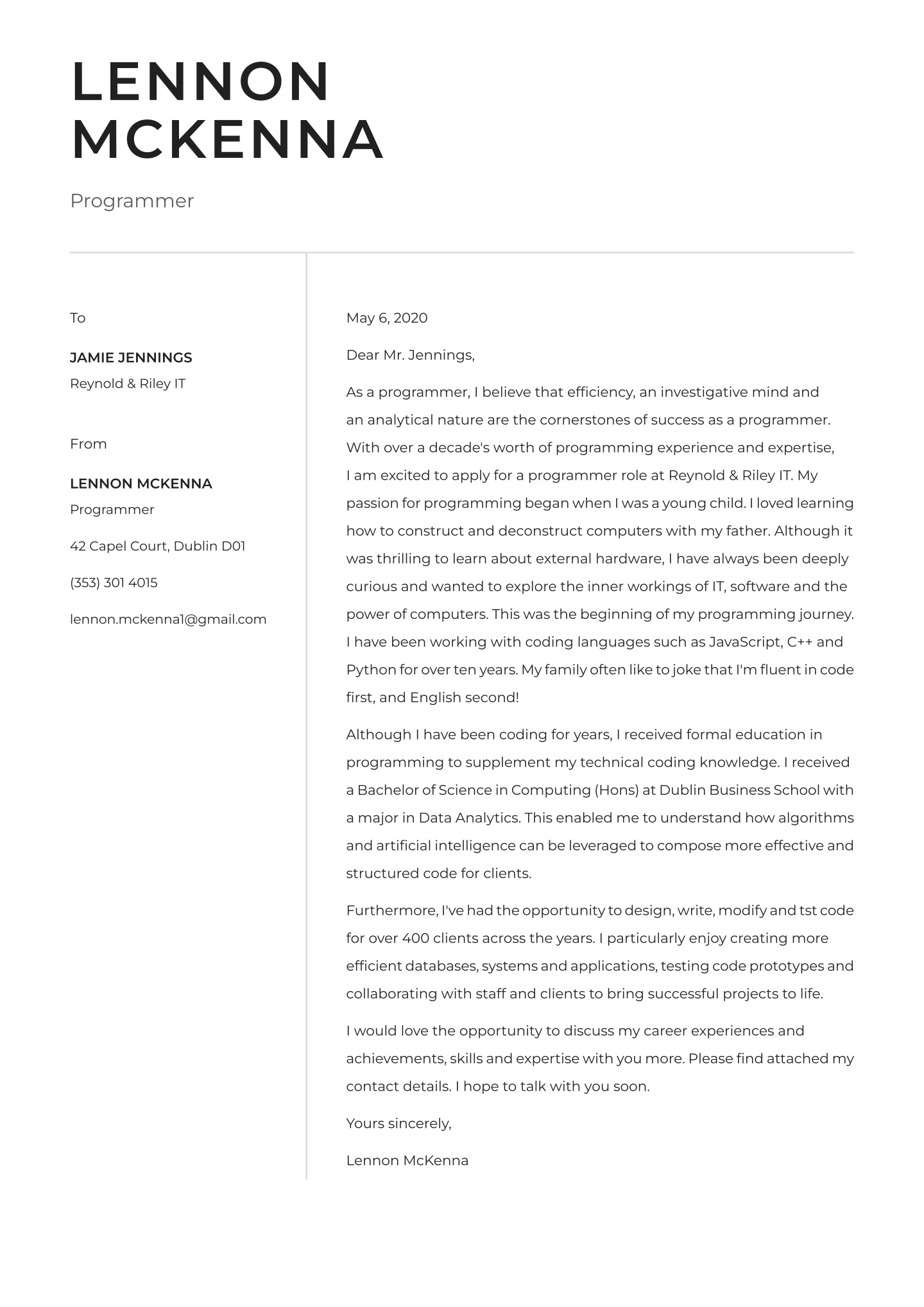 Cover Letter Programmer How To Write Job Application Letter For