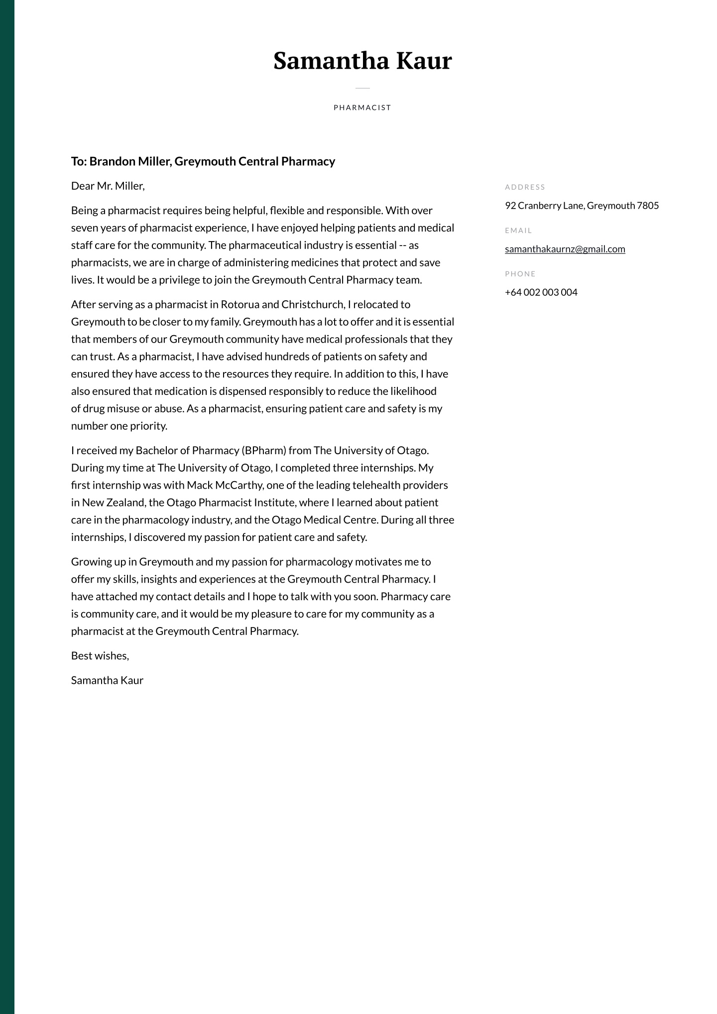 Pharmacist Cover Letter