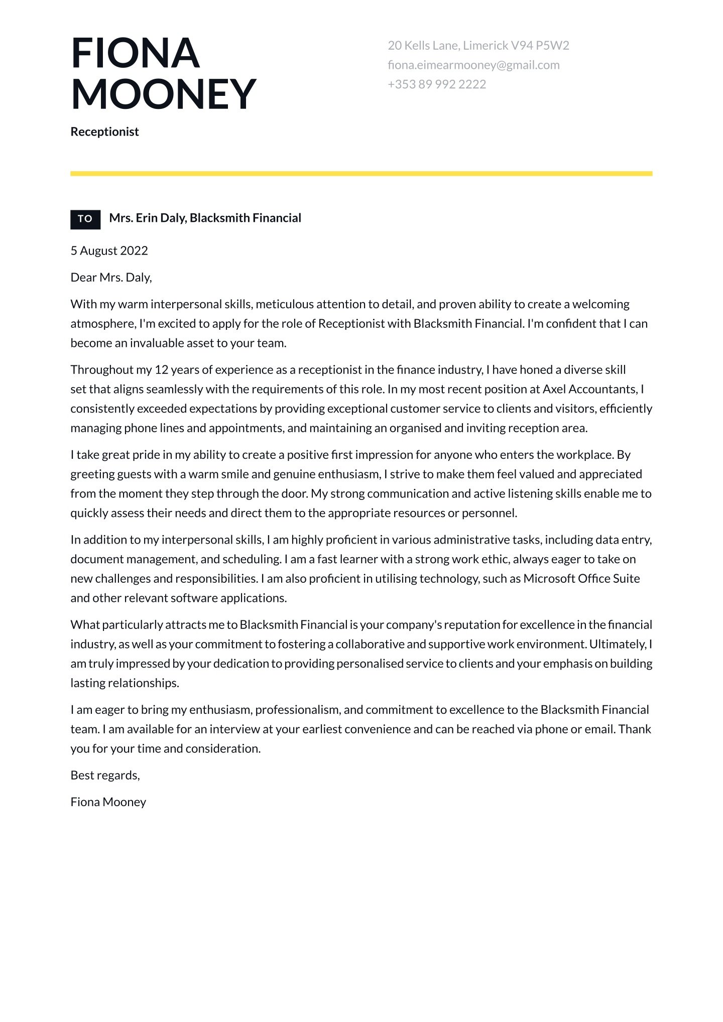 Simple Job Application Letter For Receptionist Pdf - Infoupdate.org