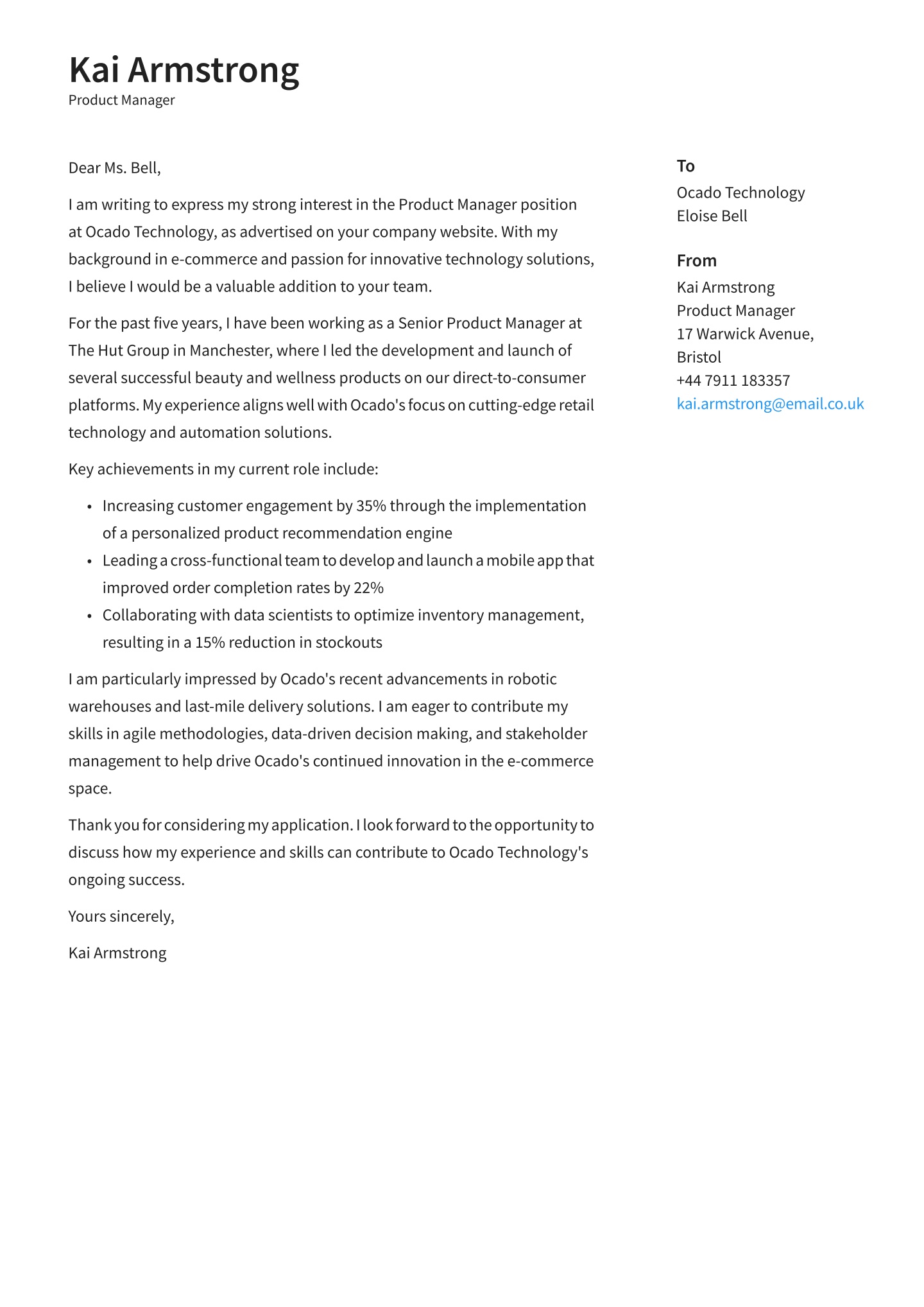 Cover Letter For Product Manager