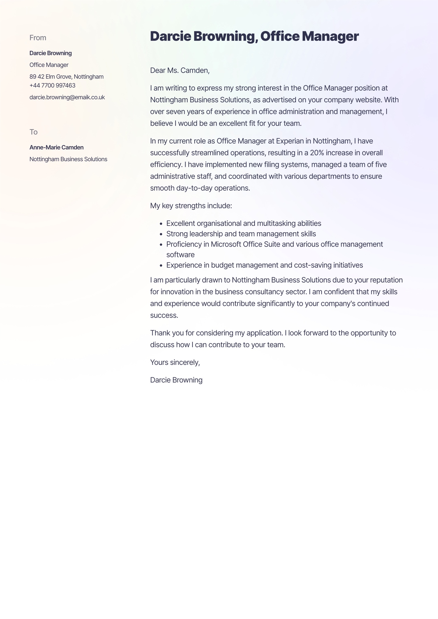 Office Manager Resume Cover Letter