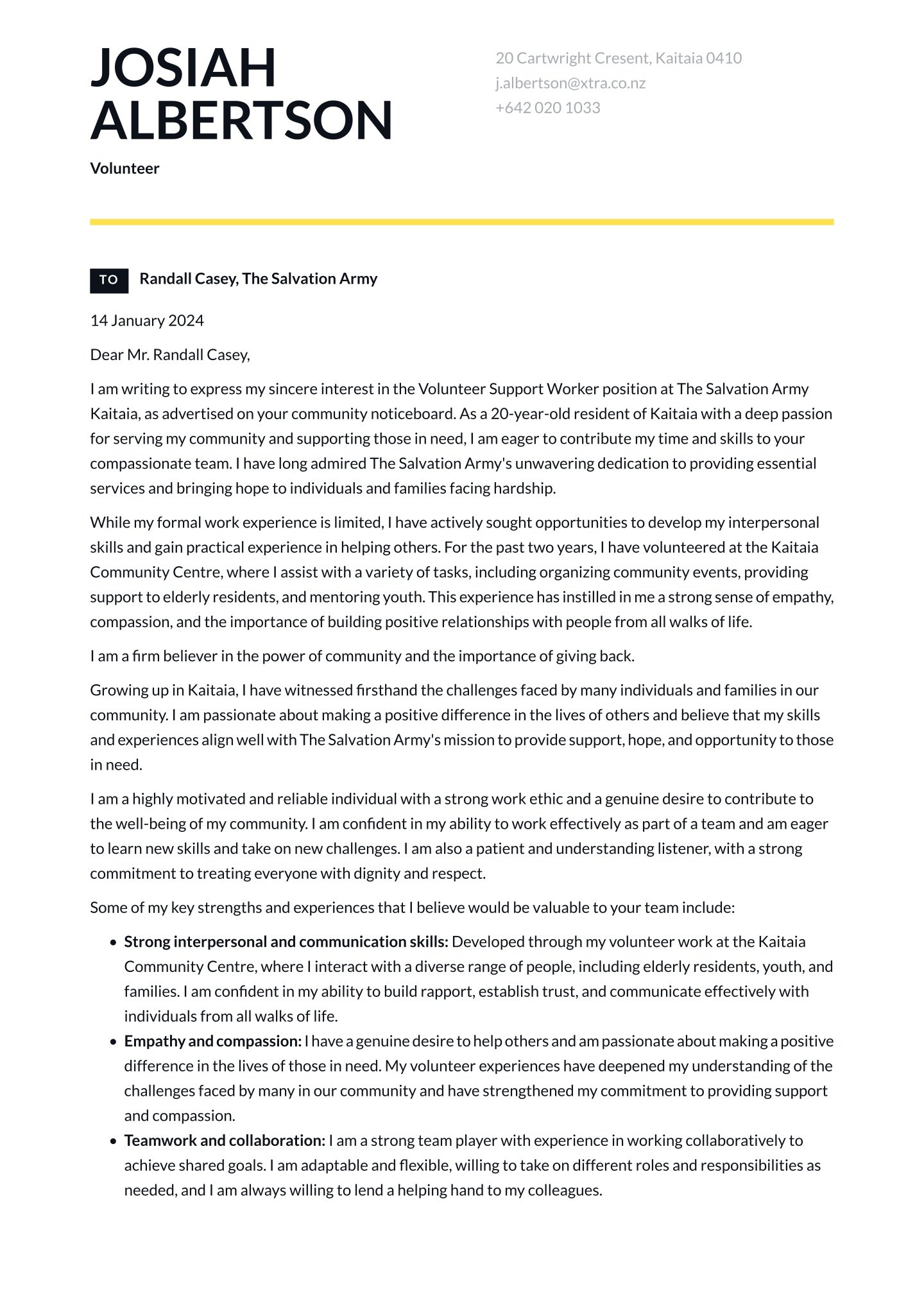 Sample Volunteer Cover