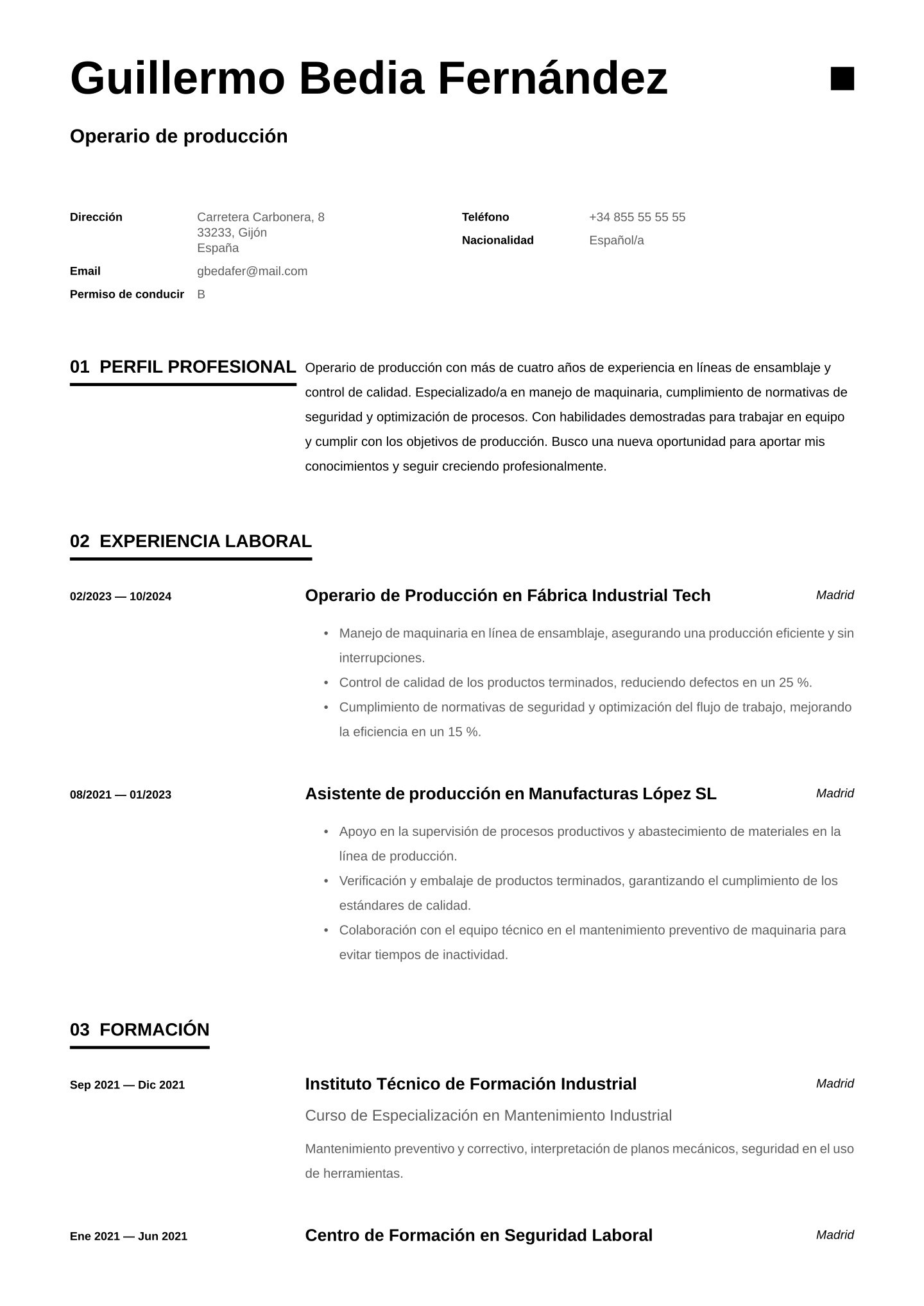 Ejemplo De Currículum De Trabajador De Mantenimiento